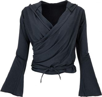 Guru Shop Wickelshirt, Yogashirt, Langarmshirt mit Trompetenärmeln - Schwarz, Damen, Baumwolle, Size:L