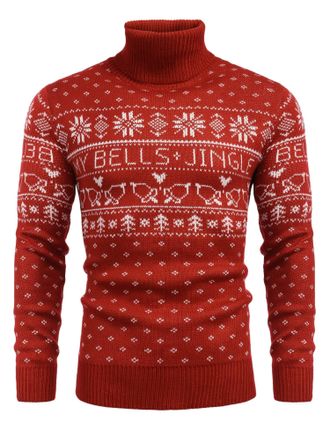 Coofandy Weihnachtspullover Herren H&auml;sslich Weihnachten Rollkragenpullover Strick Norweger Pullover Rot L