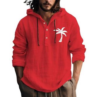 Generic Chemise en lin pour homme - En coton et lin - Boutonni&egrave;re - Manches longues - Avec capuche - Chemise d&eacute;contract&eacute;e confortable - Chemise d&eacute;t&eacute; l&eacute;g&egrave;re - 