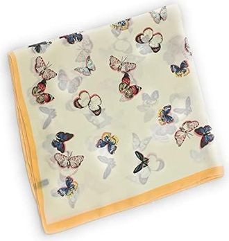 Caprilite Foulard carré imprimé papillon 70 cm x 70 cm grande femme fausse soie tête cou mince breloque sac, jaune moutarde, 70cm x 70cm