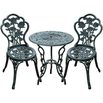 OUTSUNNY Ensemble salon de jardin 2 places 2 chaises + table ronde style n&eacute;o-r&eacute;tro motif rose lignes fusel&eacute;es fonte daluminium vert vieilli