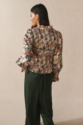 Next Langarmbluse Lang&auml;rmelige, gesmokte Bluse mit Knopfleiste (1-tlg)