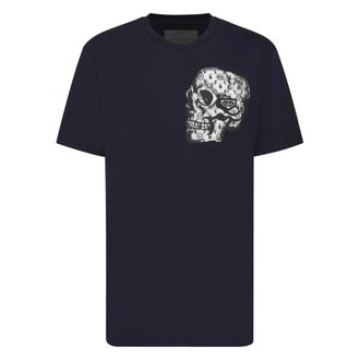 Philipp Plein Homme, Tops, Bleu, Taille: 2XL Round Neck T-Shirt Skull