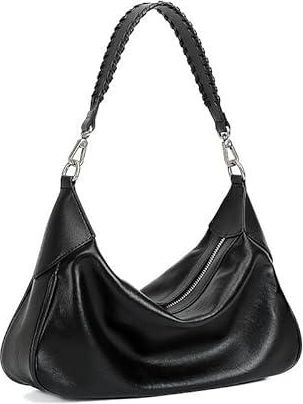 Generic Sacs &agrave; bandouli&egrave;re en cuir v&eacute;ritable - Sac fourre-tout pour femme - Sac &agrave; main souple en forme de croissant - Travail quotidien, Noir, 11.81 x 6.69 x 