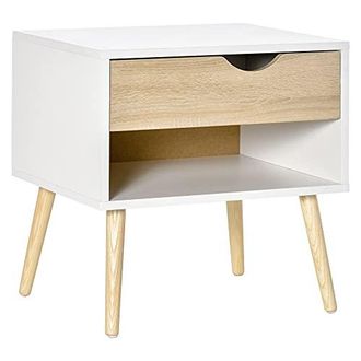 HOMCOM Table de Chevet, Table de Nuit, avec tiroir, Design Moderne, Pieds en Bois Massif, 50 x 39 x 51 cm, Blanc et Bois Naturel