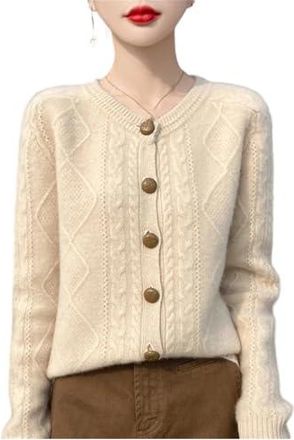 Generic Cardigan en laine m&eacute;rinos pour femme Col rond &eacute;pais chaud Couleur unie, beige, XL
