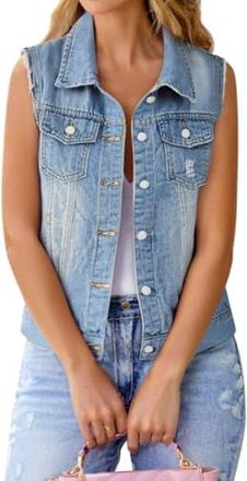 Minetom Veste En Jeans Pour Femme Sans Manches Court Manteaux Gilet En Jean Avec Poches Cardigan En Denim Hip Hop Streetwear A1 Bleu Clair XXL