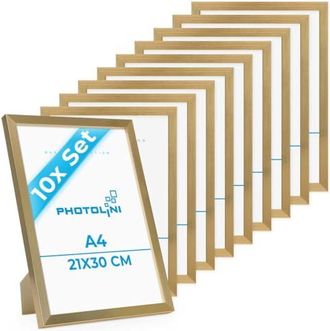 Photolini Cadre A4 21 x 30 bois MDF doré, lot de 10 cadres photo pour posters et affiches, verre acrylique incassable, décoration murale à suspendre & à poser, 