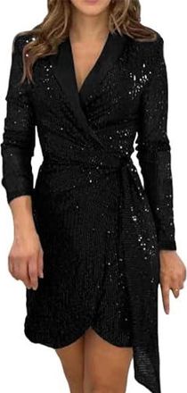 Generic Robe de Fete Femme - &Eacute;l&eacute;gante Col en V Manches Longues Paillettes Mini Robe de Soir&eacute;e Mariage Cocktail Chic C&eacute;r&eacute;monie Courtes