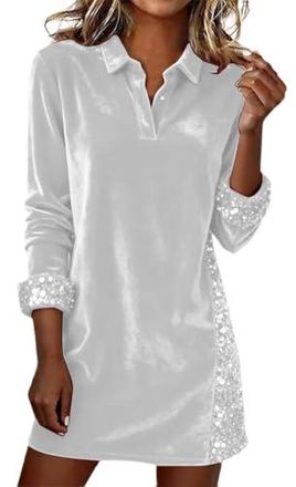 EUDOLAH Femmes &Eacute;l&eacute;gante Robe &agrave; Paillettes Robe Chemise &agrave; Col en V et Manches Longues Robe de Soir&eacute;e S&eacute;duisante Robe de Cocktail Chic en Velours(M, Blanc)