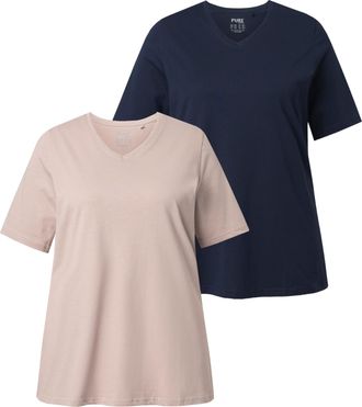 Ulla Popken Damen gro&szlig;e Gr&ouml;&szlig;en &Uuml;bergr&ouml;&szlig;en Plus Size T-Shirts, 2er-Pack, V-Ausschnitt, Halbarm, Biobaumwolle helles Mokka 54+ 798751316-54+