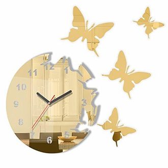 FlexiStyle Große Moderne Wanduhr Schmetterling Goldspiegel rund 30cm, 3D DIY, Wohnzimmer, Schlafzimmer, Kinderzimmer