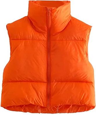 Minetom Doudoune sans Manche Gilet Femme Fermeture Zipp&eacute; Capuche Amovible Manteau Veste Chaud dhiver et Printemps Court Parka A Orange XS
