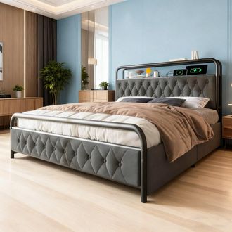 Generic Smartes Premium-Bett mit APP-Steuerung & LED - 160x200 cm in Samt mit USB-C & 4 Schubladen - Individuell anpassbar ohne Matratze