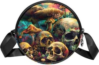 Generic Petit sac &agrave; bandouli&egrave;re circulaire pour femme, motif cr&acirc;nes, petit sac &agrave; dos &agrave; bandouli&egrave;re avec fermeture &eacute;clair, bretelles r&eacute;glables, sac &agrave; main rond