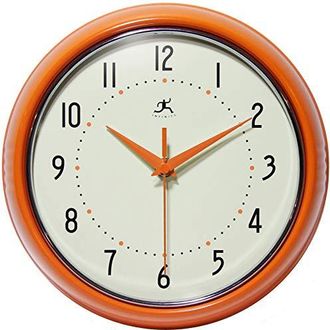 Infinity Instruments LTD. Retro-Wanduhr, 22,9 cm, ger&auml;uschlos, Nicht tickend, Mitte des Jahrhunderts, Moderne K&uuml;chenwanduhr, Quarz-Uhrwerk, Retro-Wanduhr, dekorativ (orang