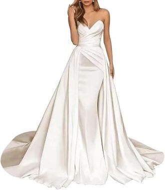 Generic Robes de mari&eacute;e sir&egrave;ne en satin sans bretelles fronc&eacute;es robes de demoiselle dhonneur Corset longue avec train robe de soir&eacute;e formelle, ivoire, XS