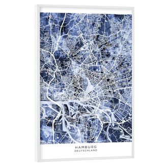 artboxONE Poster mit wei&szlig;em Rahmen 45x30 cm St&auml;dte Hamburg Stadtplan Blauschwarz - Bild Hamburg Deutschland Hamburg