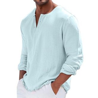 Generic Henley Chemise &agrave; manches longues en lin pour homme Polo &agrave; manches longues T-shirt d&eacute;t&eacute; boutonn&eacute; T-shirt de plage l&eacute;ger Ourlet ray&eacute; Manches longues Res