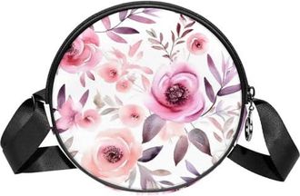 Generic Petit sac &agrave; bandouli&egrave;re circulaire pour femme, motif feuilles florales, sac &agrave; dos avec fermeture &eacute;clair, bretelles r&eacute;glables, sac &agrave; main rond d&eacute;contra