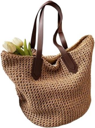 Generic Sac de plage en paille pour femme - Sac &agrave; bandouli&egrave;re en paille tiss&eacute;e - Grand sac fourre-tout d&eacute;contract&eacute; au crochet, marron, 1