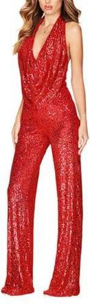 ORANDESIGNE Femme Combinaison à Paillettes avec Col en V Profond Élégant Pailleté Jumpsuit Sans Manches Jambes Larges Playsuit Scintillante Long Pantalon Cocktail