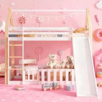 Generic Kinder-Etagenbett mit Dachform & Rutsche | Hochbett 90x200 cm mit & Leiter | Aus Kiefernholz, MDF & Sperrholz (Weiß+Natur) | Mit stabilen Lattenrosten