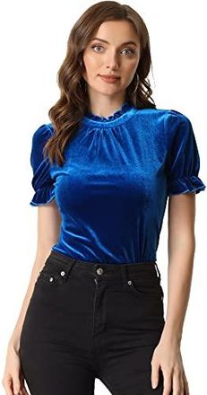 Allegra K Chemise À Col À Volants pour Chemisier À Manches Courtes en Velours pour Femme Bleu Marin M