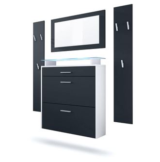 Vladon Garderobe Malea, Garderobenset bestehend aus 1 Hängeschuhschrank, 1 Wandspiegel und 2 Garderobenpaneele, Weiß matt/Schwarz matt
