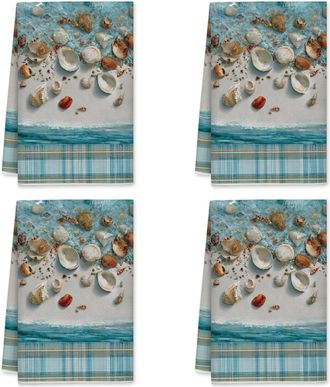 Generic Küchenhandtücher, Muscheln, 4er-Set, Küstenmotiv, Sandwellen, Türkis, Mikrofaser, Kochutensilien, 40,6 x 61 cm (4 Stück)