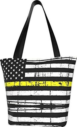 AOOEDM 911 Dispatcher Thin Gold Line Drapeau Sac d&eacute;picerie r&eacute;utilisable Sac &agrave; provisions Sac &agrave; bandouli&egrave;re d&eacute;contract&eacute; Sac &agrave; main pour homme Femme Sac de mar