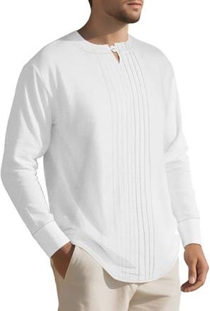 Generic Chemise en lin blanc pour homme - Coupe ajust&eacute;e - Chemise boutonn&eacute;e en coton - Manches courtes - Costume &agrave; manches courtes - T-shirt long, blanc, 3XL