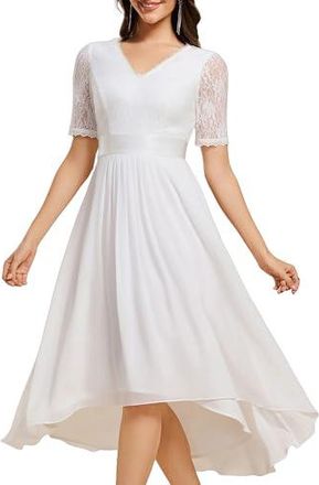 Ever-pretty Robe dInvité Mariage Femme Midi Dentelle High Low Manches Courtes Blanc 44