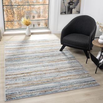 Vimoda Teppich Wohnzimmer Vintage Look Beige, Bunter Farbmix Teppich Kurzflor Boho Used Look Motiv, Farbe:Streifen-1, Ma&szlig;e:200x290 cm