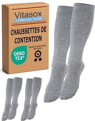 Vitasox 44451 Chaussettes de contention, chaussettes de voyage en coton, unisexe chaussettes de compression 2 paires grises 39/42