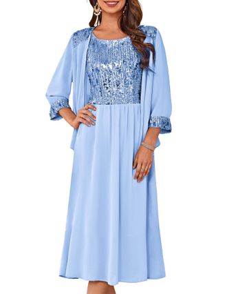 Grace Karin 2er Set Sommer Ärmelloses A-Linie Chiffon Strandkleid Business OL Midi Kleider Einfarbiges 2er Set Cami Kleid Hellblau S