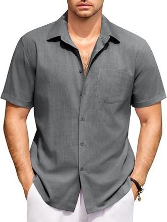 Coofandy Chemise Homme Manches Courtes Chemise Coton Chemise Été Plage Chemises Décontractée avec Poche Poitrine Coupe Régulière Gris Foncé M