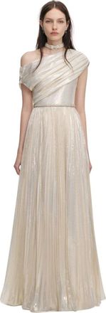 Self Portrait Femme, Robes, Beige, Taille: 38 FR Metallic Chiffon Maxi Dress