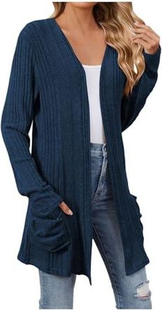 Generic Cardigan dhiver mi-long pour femme 2024 automne 2026 d&eacute;contract&eacute; &agrave; manches et col en tricot avec poche, bleu marine, XL