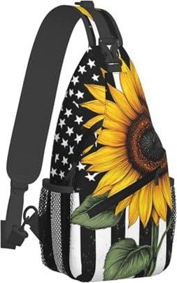 Generic Durable Sacoche Port&eacute; &eacute;paule Art du tournesol drapeau am&eacute;ricain en noir et blanc Sac De Poitrine R&eacute;glable Sac &agrave; Dos Militaire pour &eacute;cole Femme Homme