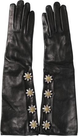Dolce & Gabbana Womens Black Leather Embellished Long Mitten Gloves Lamb