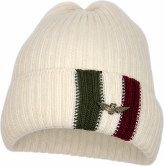Aeronautica Homme, Accessoires, Beige, Taille: ONE Size Bonnet c&ocirc;tel&eacute; avec drapeau tricolore et logo en m&eacute;tal
