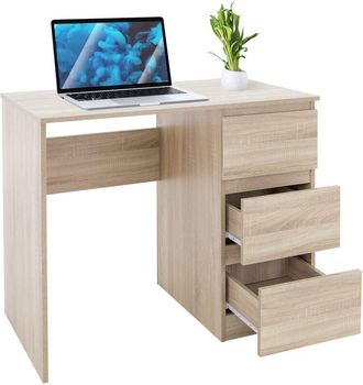 ML Design Bureau avec 3 Tiroirs, 90x76x50 cm, en Ch&ecirc;ne Sonoma, Beaucoup dEspace de Rangement, Table de Travail dOrdinateur/PC Portable, Bureau
