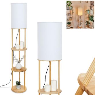 HOFSTEIN Stehleuchte Hamaa, Stehlampe aus Holz/Stoff in Naturfarben/Weiß, skandinavisches Design, Schirm Ø 26 cm, Ablageflächen u. Fußschalter, Höhe 150,5 cm, 