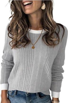 TOMWELL Pull Femme Col Rond Chic Pulls Automne Hiver Manches Longues Sweats Classique Shirt A Gris L