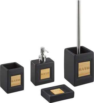 Beliani Badezimmer Set schwarz/Heller Holzfarbton 4-teilig Dolomit mit Aufschrift Kourou