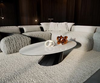 DELIFE Couchtisch Edge Oval 135x80 cm Keramik Onyx Champagne Parabi Metall Schwarz, Couchtische