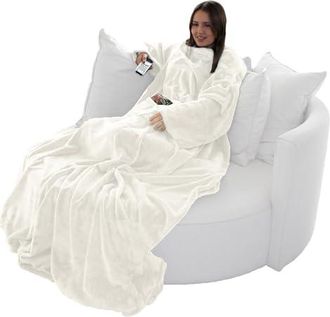 Brandsseller Plaid à Manches Couverture Douillette TV avec Chancelière et 2 Grandes Poches - Blanc 170 cm x 200 cm