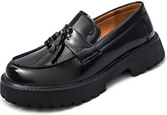 Generic Mocassins en cuir verni noir et blanc pour homme, chaussures habillées, mocassins à semelle compensée pour le travail, les tenues décontractées, Noir 