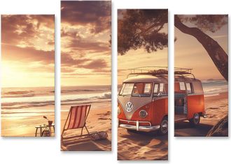 Islandburner Bild auf Leinwand Sonnenuntergang am Strand mit Kult Bus für Wohnzimmer Strandliebhaber Surfshop Bilder Wandbilder Poster